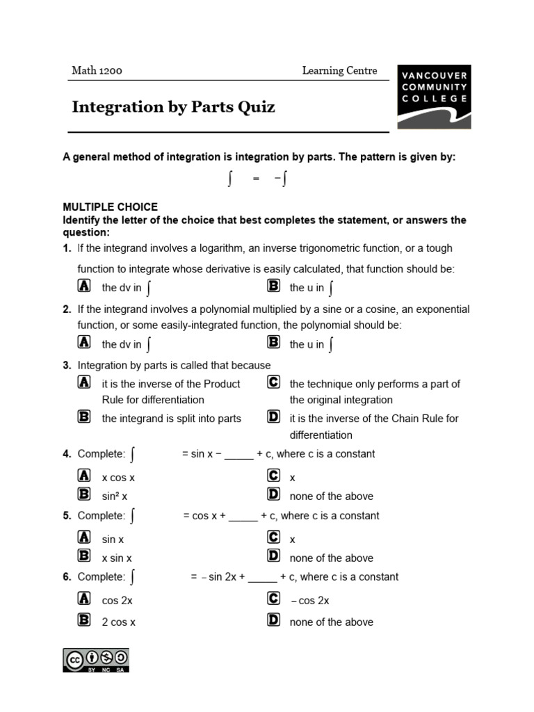 Integration by Parts Quiz Solutions | PDF | Trigonometric Functions ...