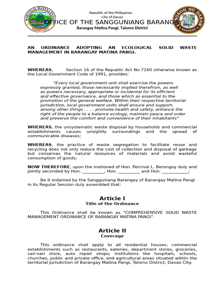 Barangay Ordinance On Ecological Solid Waste Management | PDF ...