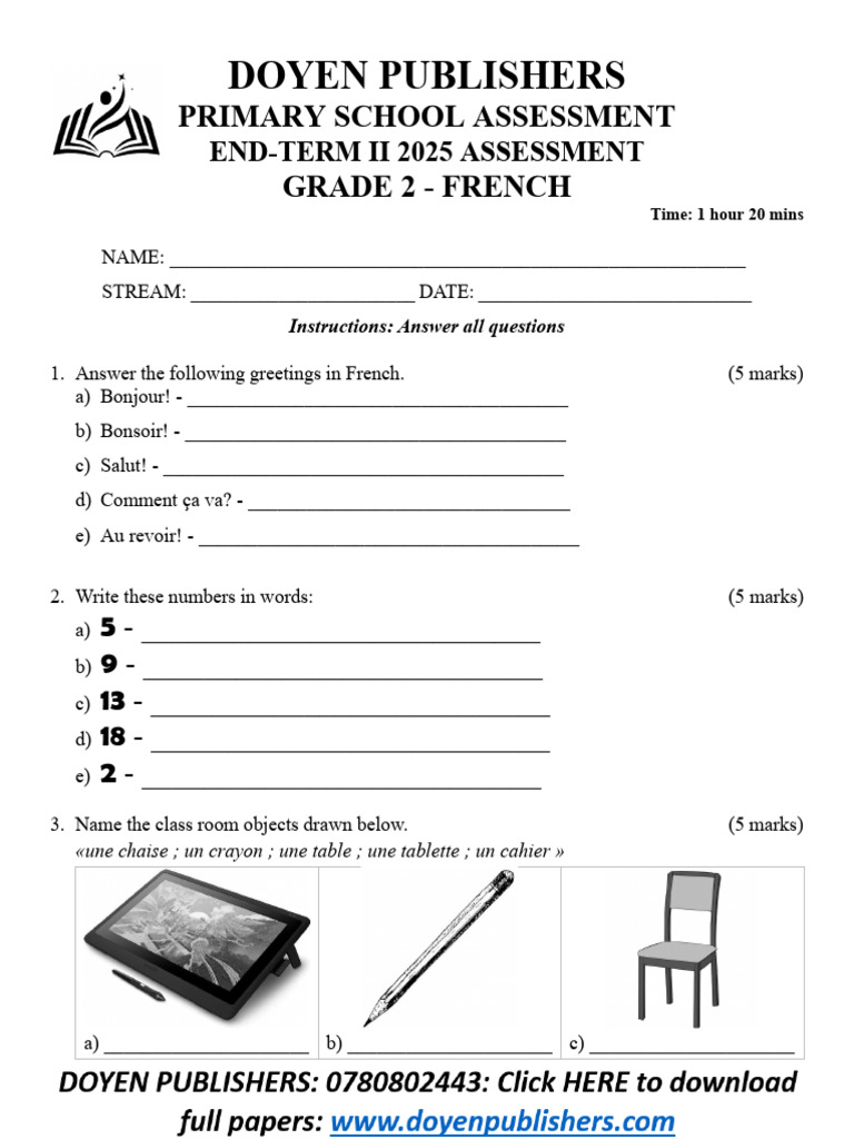 Grade 2 French End Term 2 2025 Exam | PDF