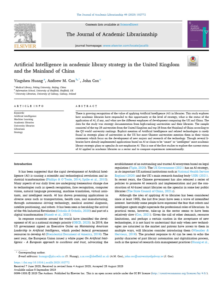 Artificial Intelligence in Academic Library Strategy in The United ...
