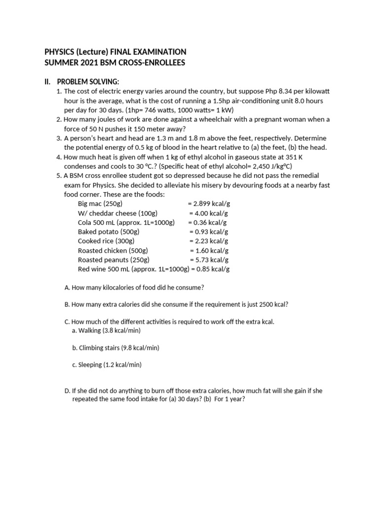 PHYSICS Lecture Finals Problem Solving Summer 2021 | PDF