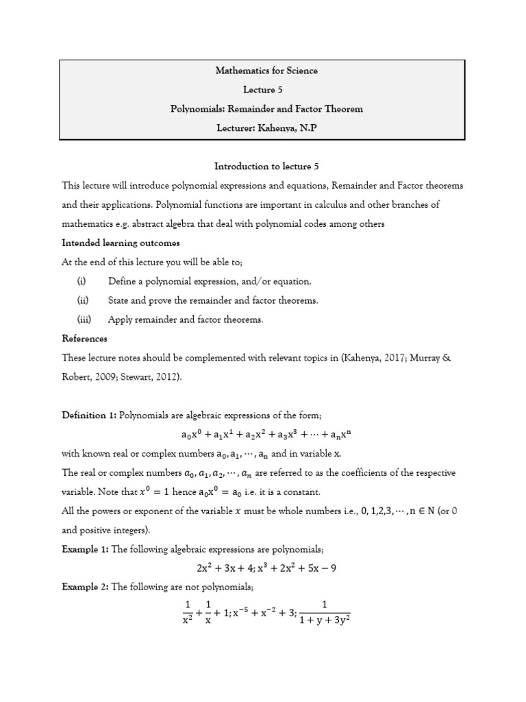 Polynomials: Remainder & Factor Theorems | PDF | Factorization | Polynomial