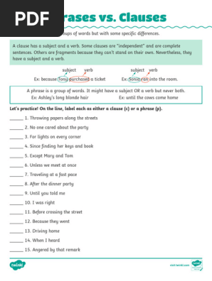 Clauses And Phrases Worksheets Middle School Grammar By Shades Of Brown