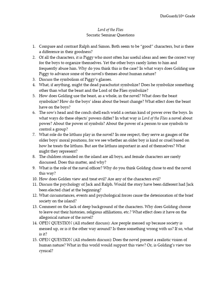 2016 - LOTF Seminar Questions | PDF