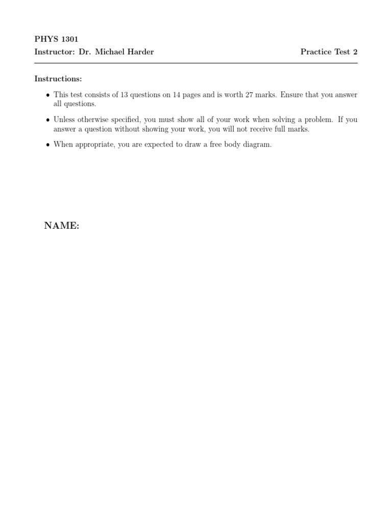 PHYS 1301 Practice Test 2 Guide | PDF | Force | Potential Energy