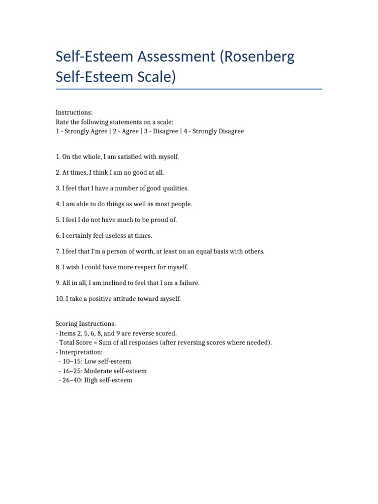 Self-Esteem Scale Assessment Guide | PDF