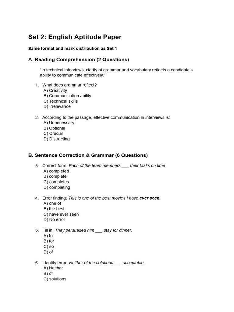 English Aptitude Test Set 2 Questions | PDF | Human Communication