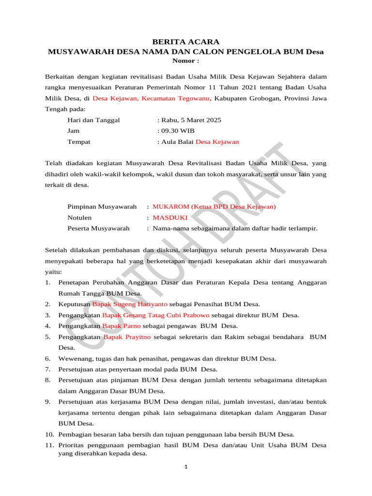 CONTOH 1_BA Musdes Pendirian BUM Desa | PDF