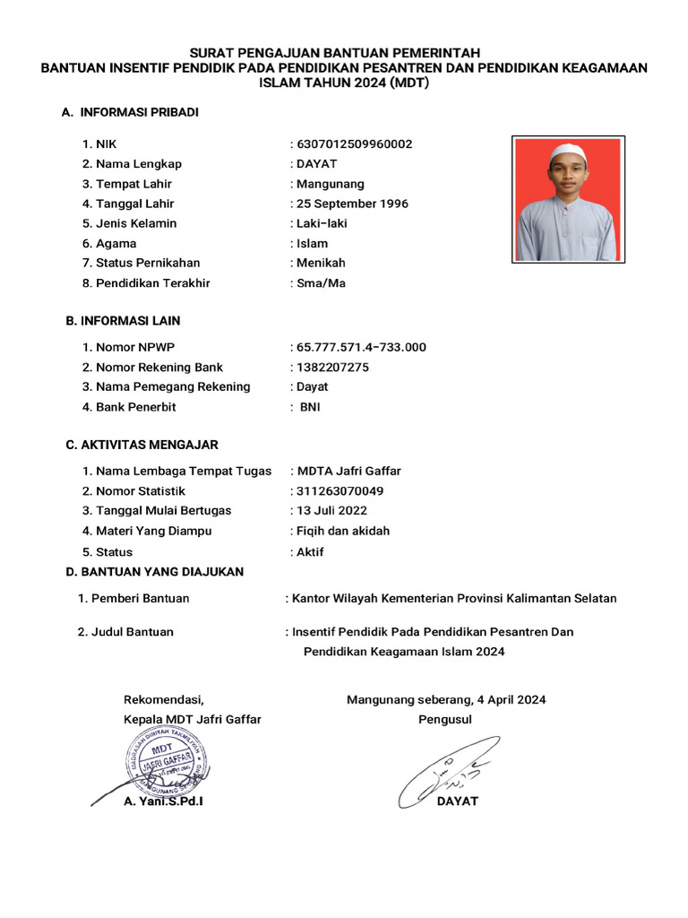 Surat Permohonan Sikap Dayat-1 | PDF