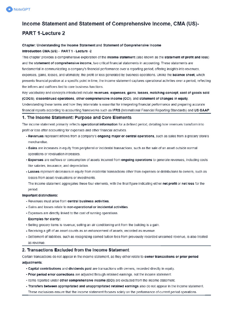 Income Statement and Statement of Comprehensive Income, CMA (US) - PART ...