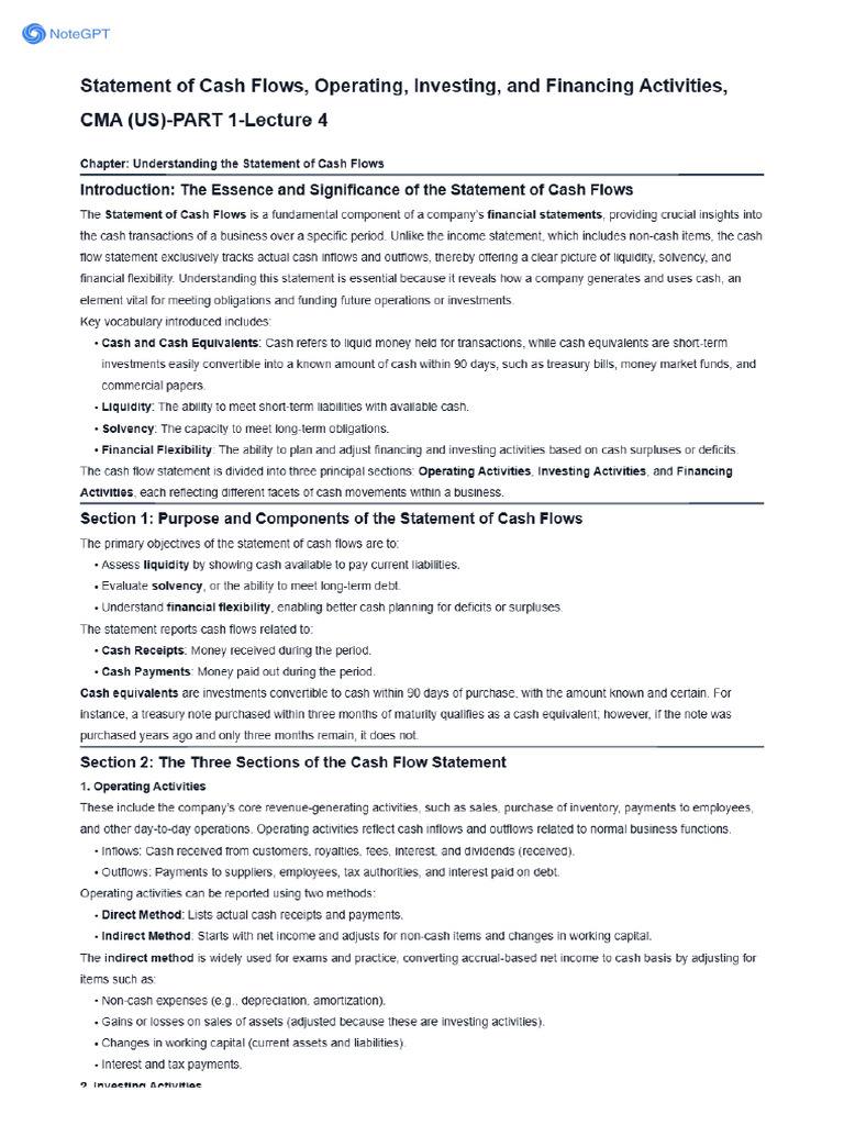 Statement of Cash Flows, Operating, Investing, and Financing Activities ...