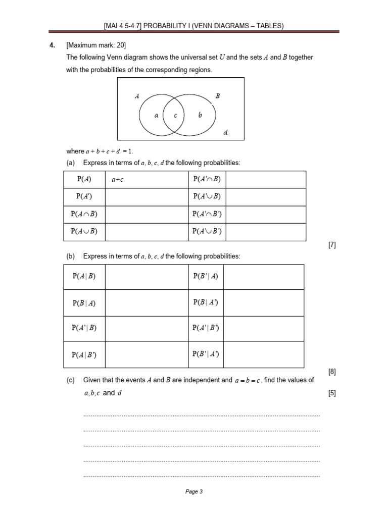 Probability with Venn Diagrams and Tables | PDF | Chess | Chess Theory