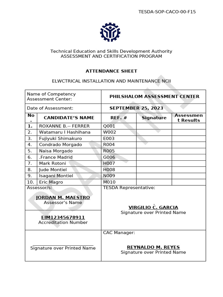 TESDA Attendance Sheet - EIM NCII | PDF