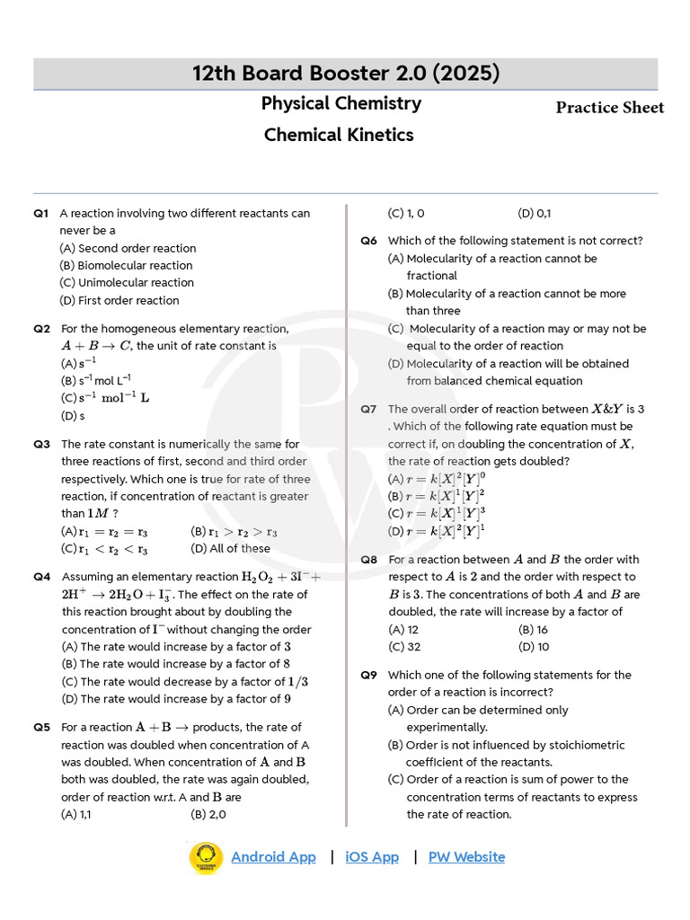 Chemical Kinetics - Practice Sheet - 12th Board Booster 2.0 2025 | PDF ...