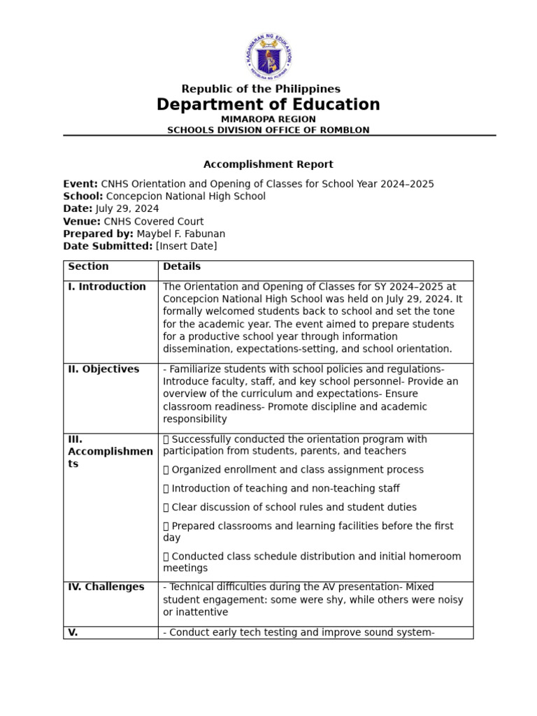 Accomplishment Report (Orientation) | PDF | Behavior Modification ...