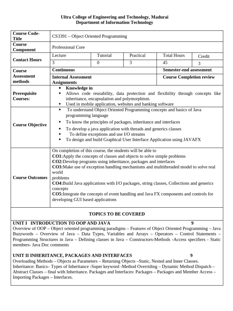 Oop Course File Syllabus | PDF | Class (Computer Programming) | Object Oriented Programming