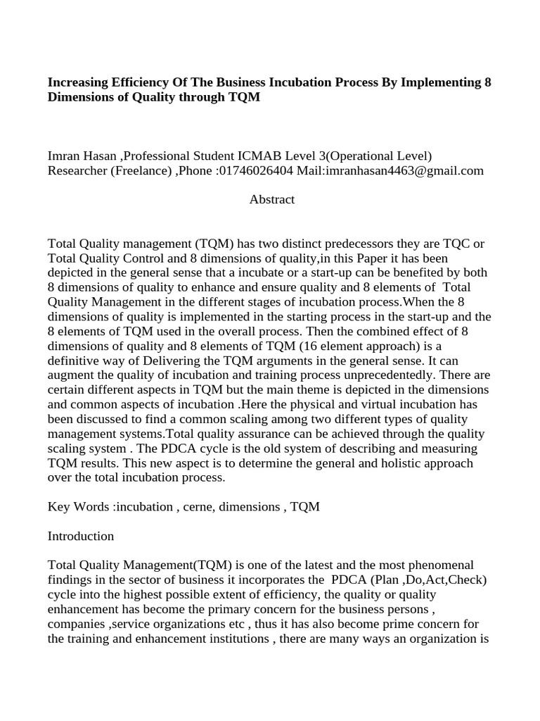 Increasing Efficiency of The Business Incubation Process by Implementing 8 Dimensions of Quality ...