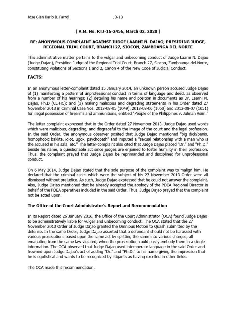 In Re - Judge Dajao, A.M. No. RTJ-16-2456 | PDF | Complaint | Justice