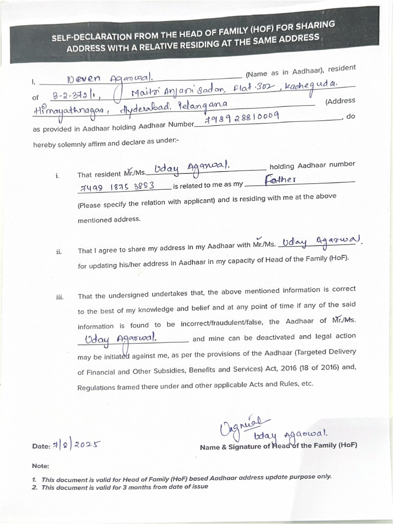 Self-Declaration From The Head of Family (Hof) For Sharing | PDF