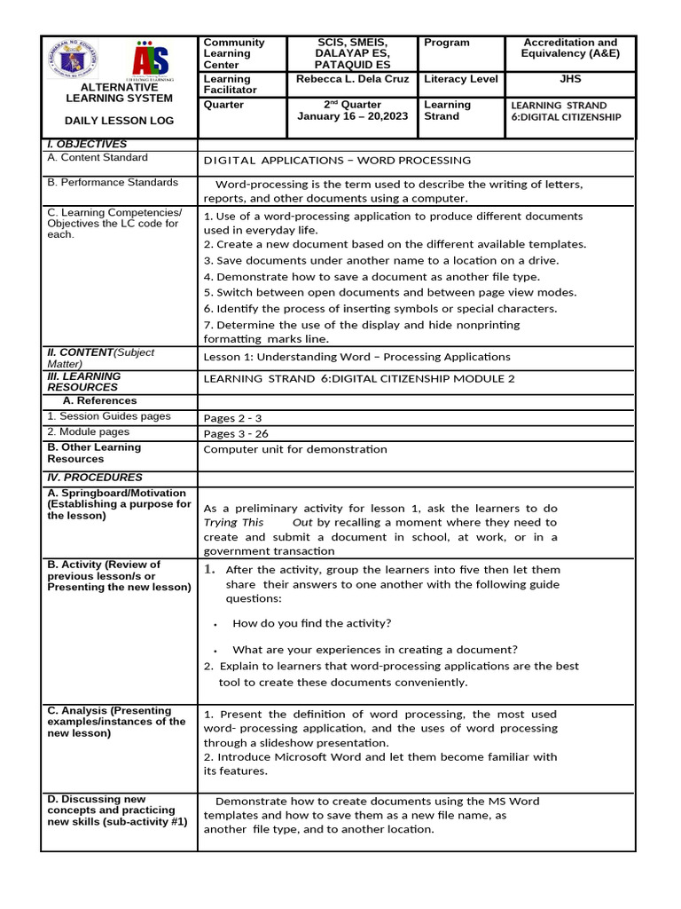 Word Processing in Digital Citizenship | PDF | Microsoft Word | Learning
