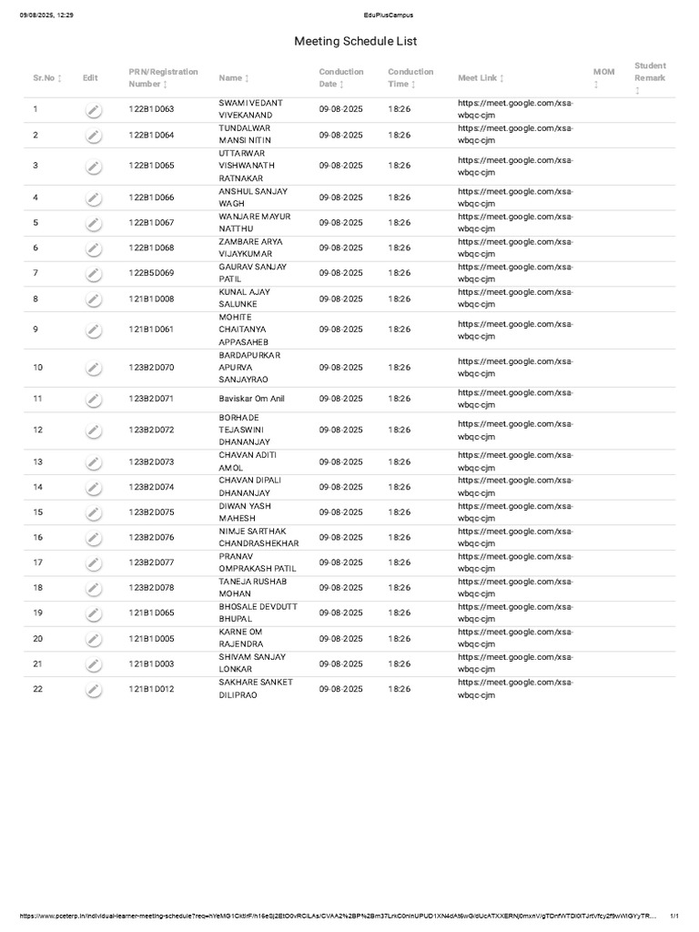 Student Meeting Schedule 09-08-2025 | PDF