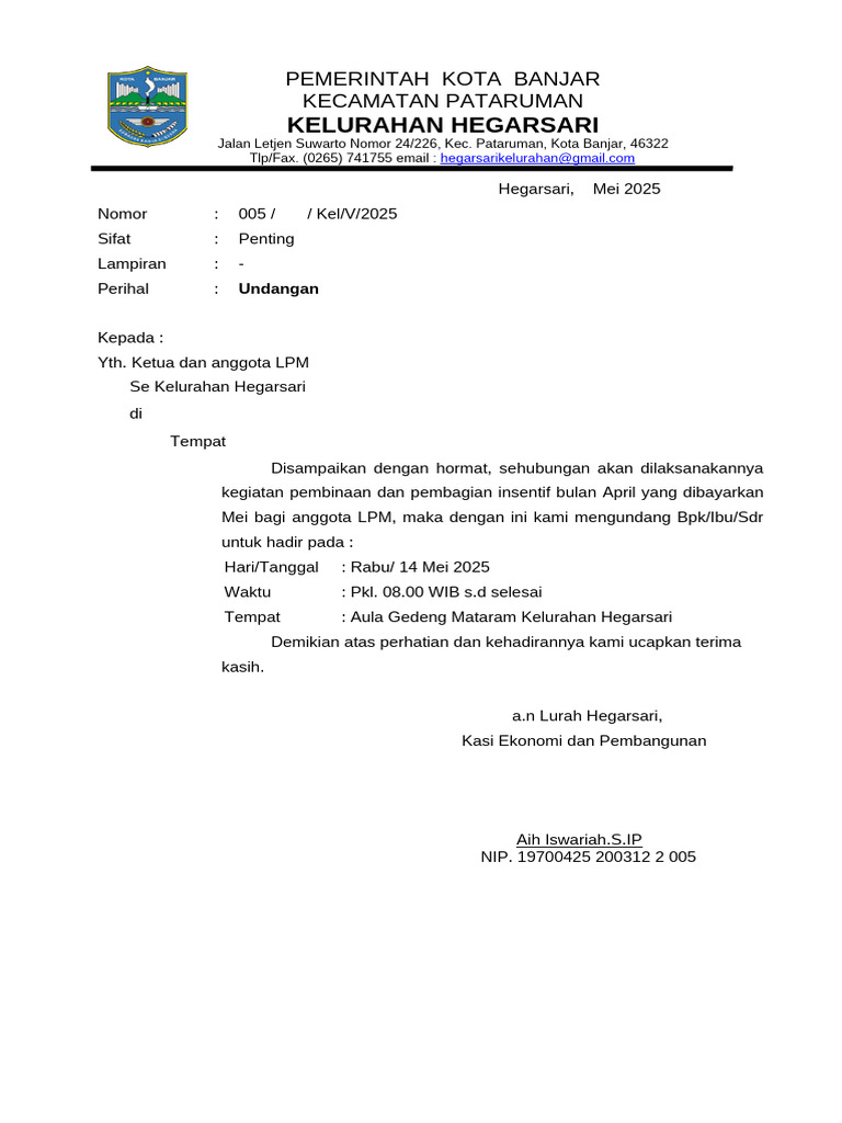 Undangan Pembinaan LPM Hegarsari 2025 | PDF