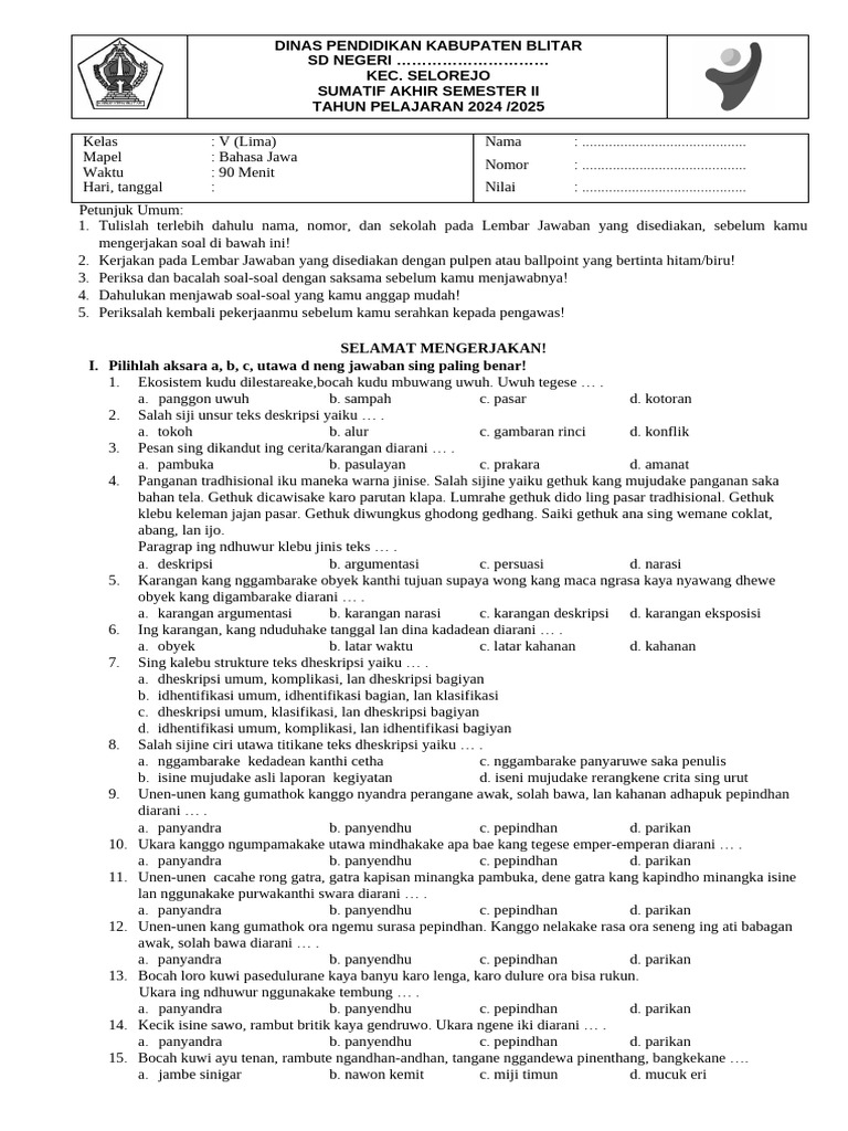 Naskah Soal SAS II_Kelas 5 _Bahasa Jawa_2024-2025 | PDF