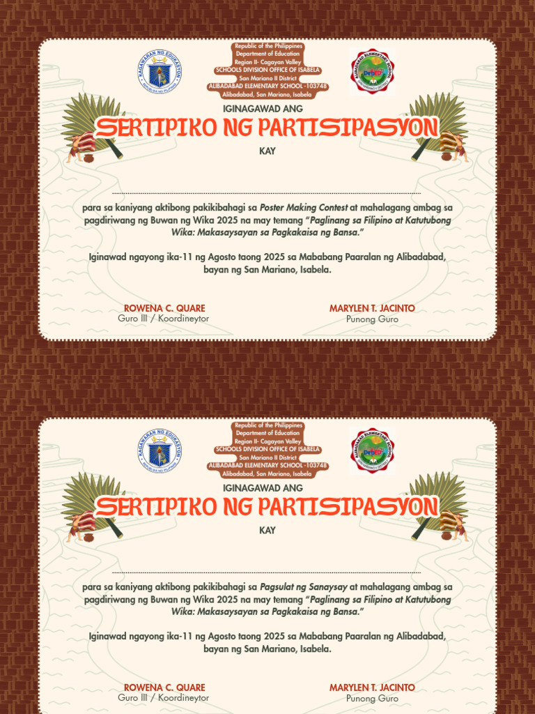 Buwan NG Wika Sertipiko NG Pagkilala Certificate in Warm Earth Tones ...