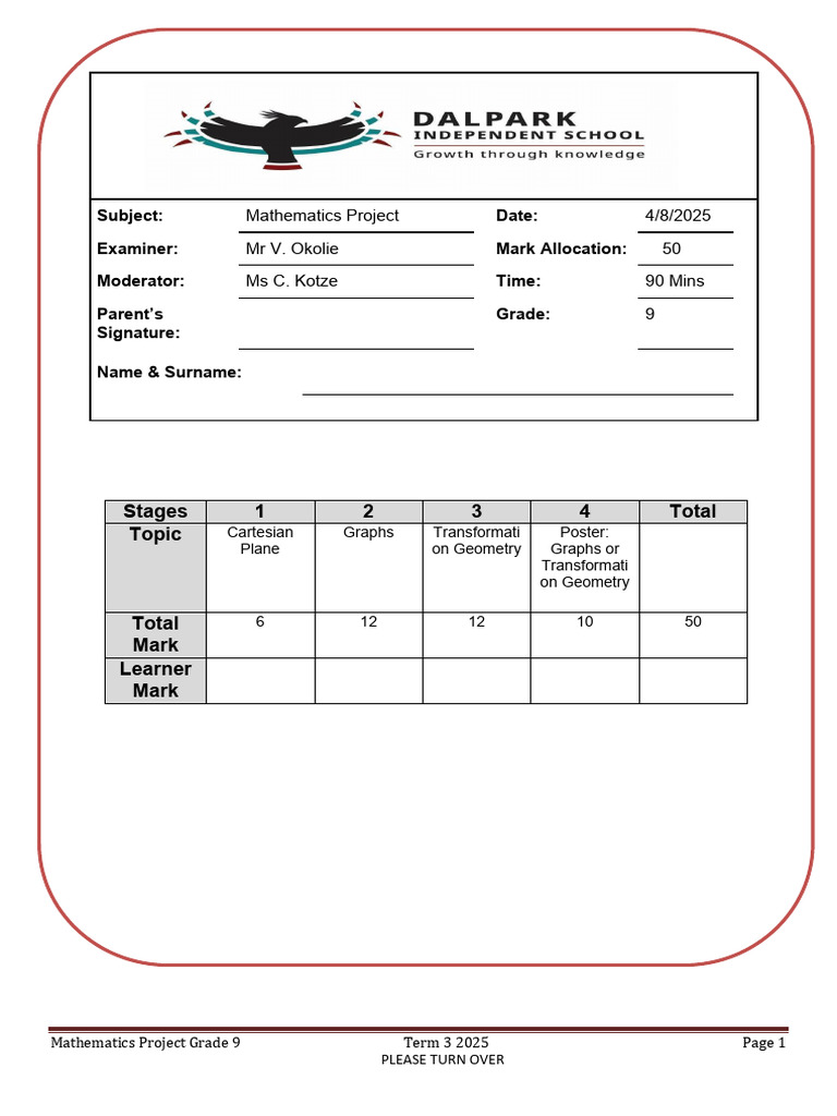 Term 3 Project Grade 9 2025 | PDF | Cartesian Coordinate System | Line ...