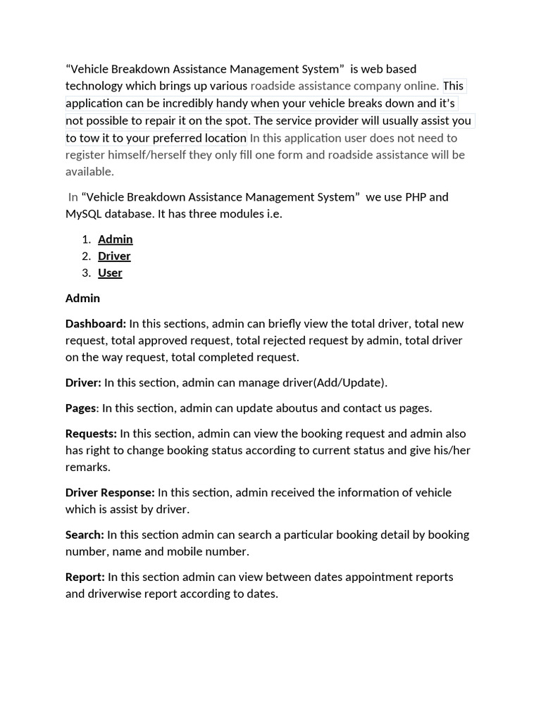 Vehicle Breakdown Assistance Management System | PDF | Cyberspace ...