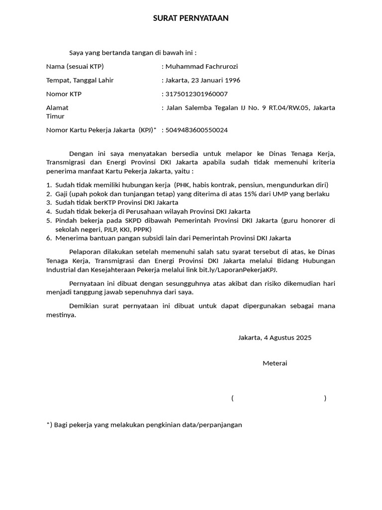 Surat Pernyataan KPJ | PDF