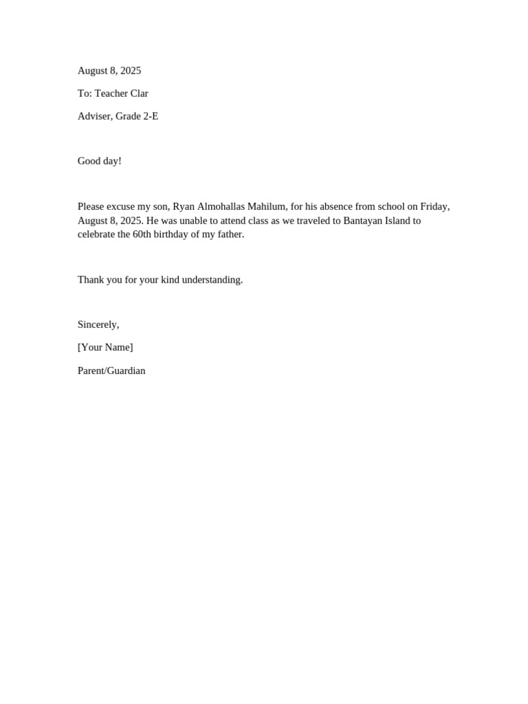 Excuse Letter Ryan Mahilum | PDF