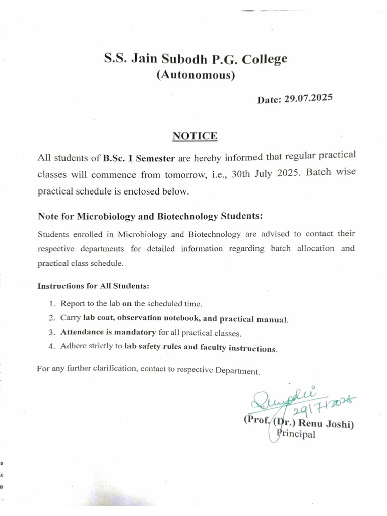 Notice For Practical Classes | PDF