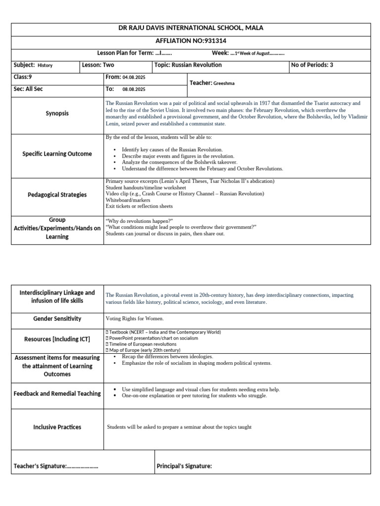 9 LESSON PLAN Russian Revolution | PDF | Russian Revolution | Vladimir ...