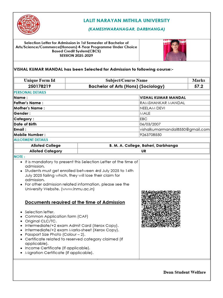 Vishal Selection Letter | PDF