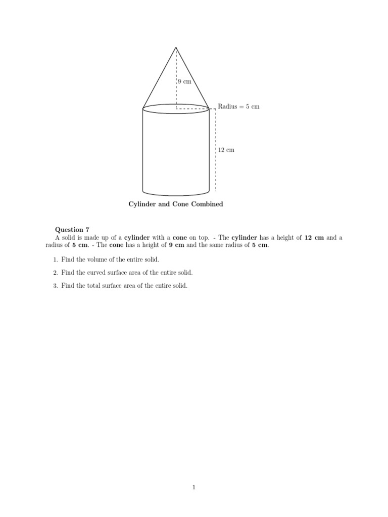 Volume and Surface Area of Cone-Cylinder | PDF