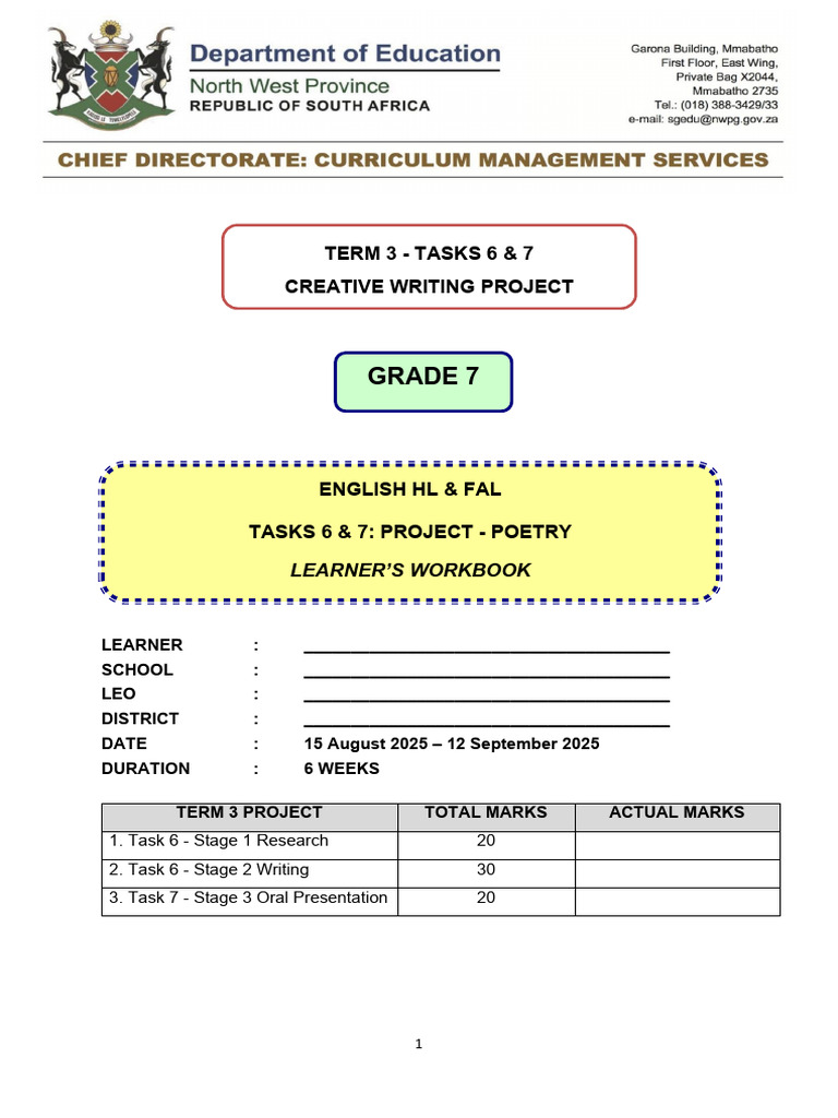 Grade 7 Term 3 Creative Writing Project | PDF | Poetry | Body Language