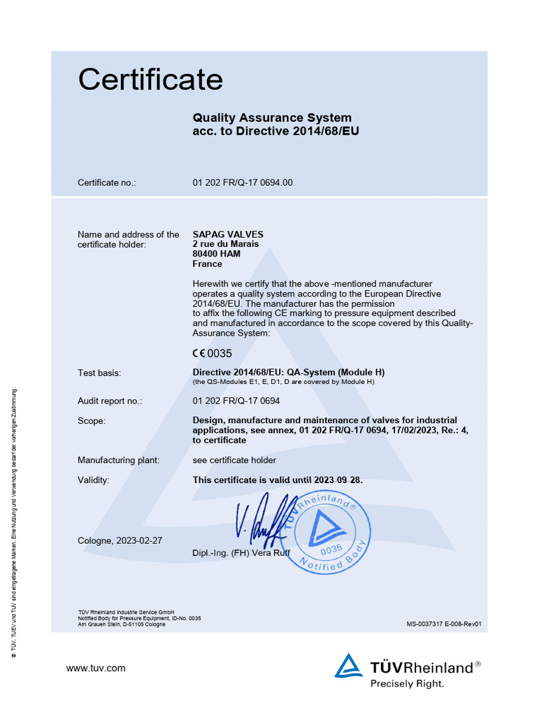 Quality Assurance Certificate for SAPAG Valves | PDF | European Union ...