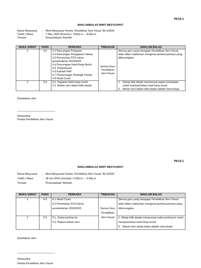 Maklum Balas Minit Mesyuarat | PDF
