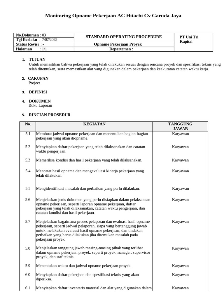 Prosedur Opname Pekerjaan Proyek AC | PDF