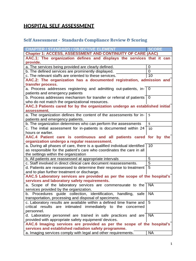 Hospital Self-Assessment Compliance Guide | PDF | Medical Record | Patient