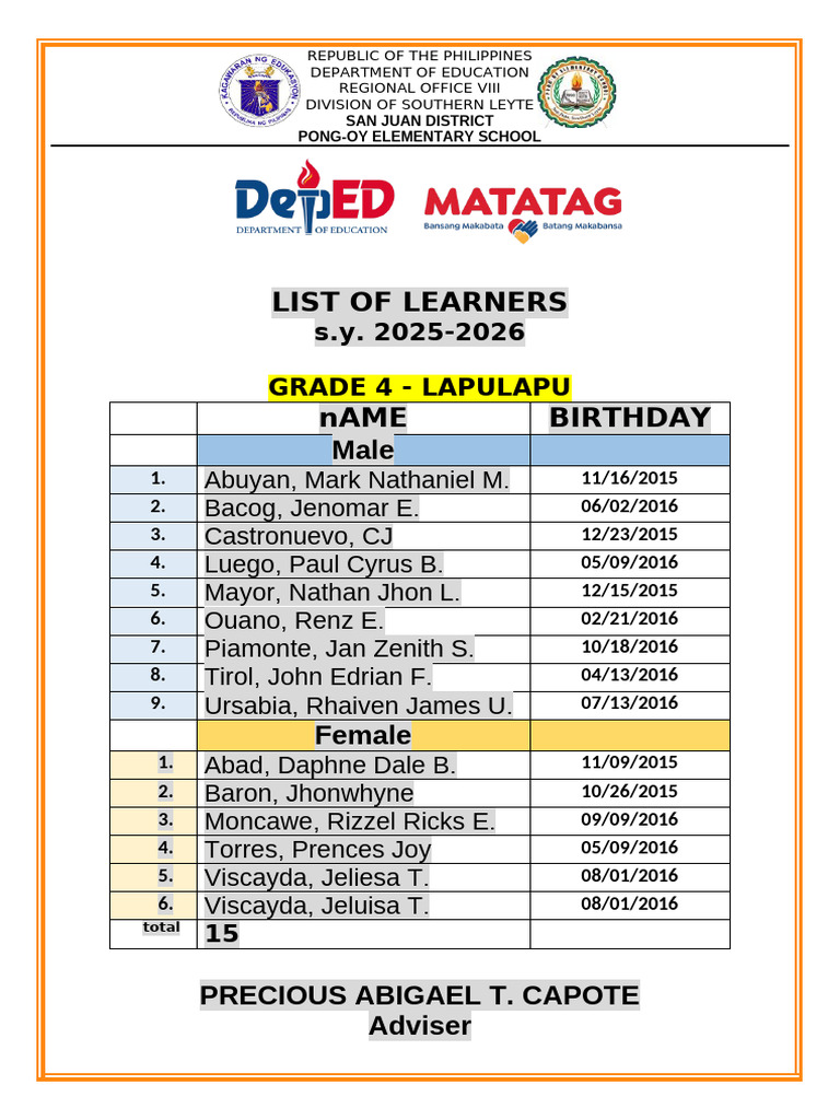List of Learners With Birthday 2025-2026 | PDF