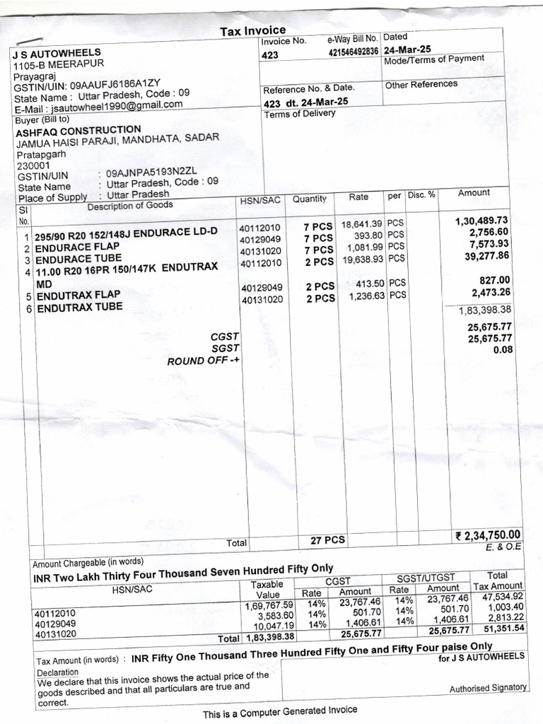 Tyre Bill Ashfaq Construction | PDF