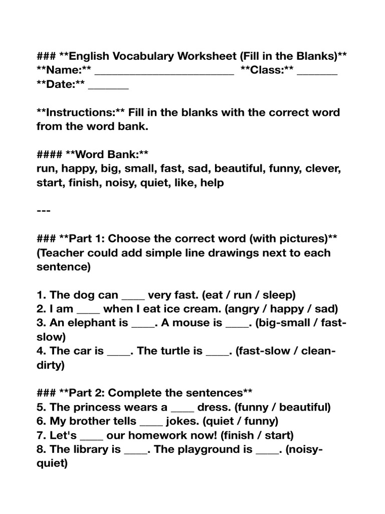 Grade 3 Vocabulary Fill-in Worksheet | PDF