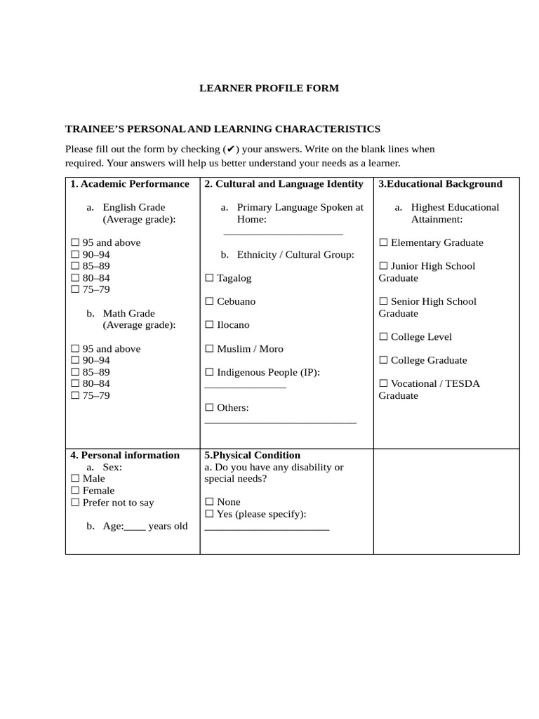 Trainee Learner Profile Form | PDF