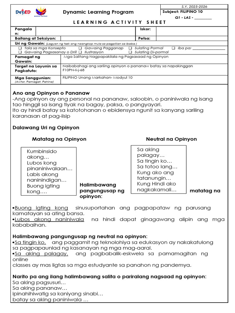 Filipino 10 Learning Activity Sheet S | PDF