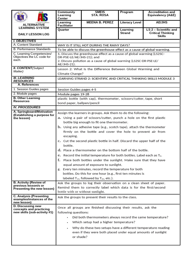 LP LS2 Module 3 Lesson 2 | PDF | Climate Change | Learning