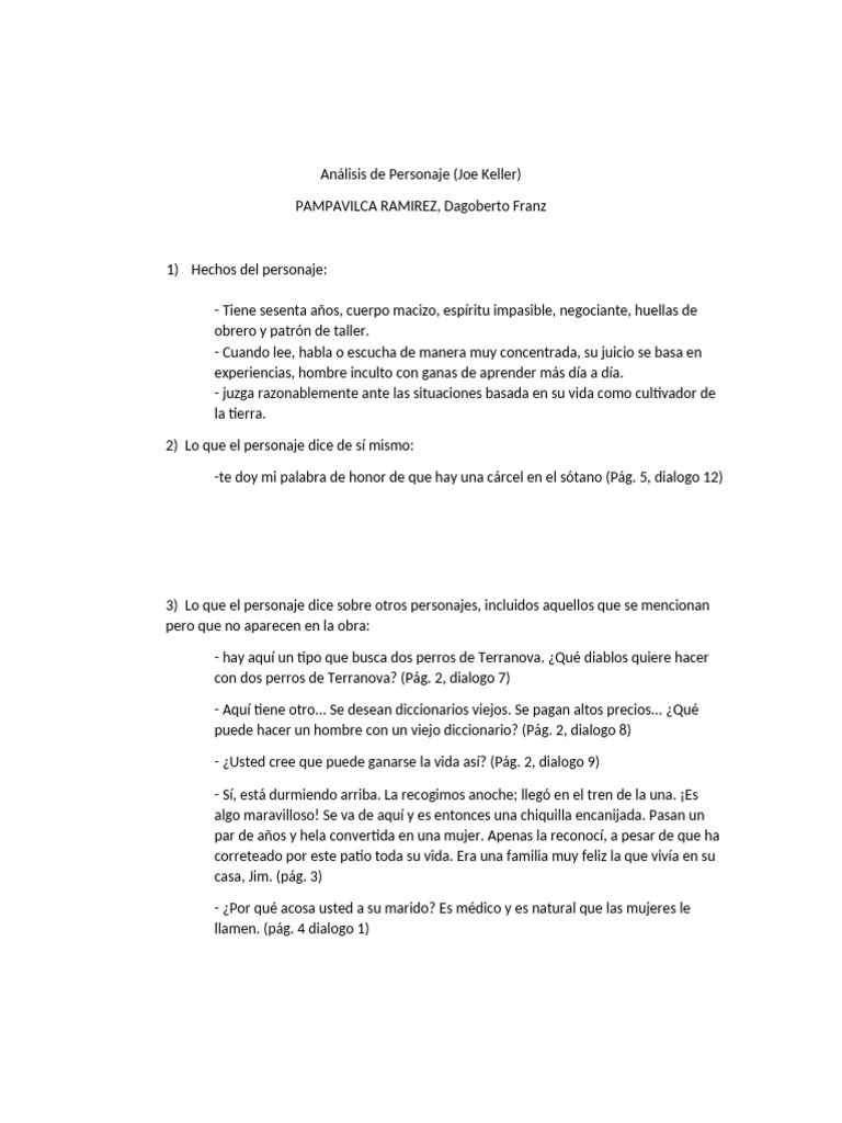 Análisis de Personaje Joe Keller | PDF