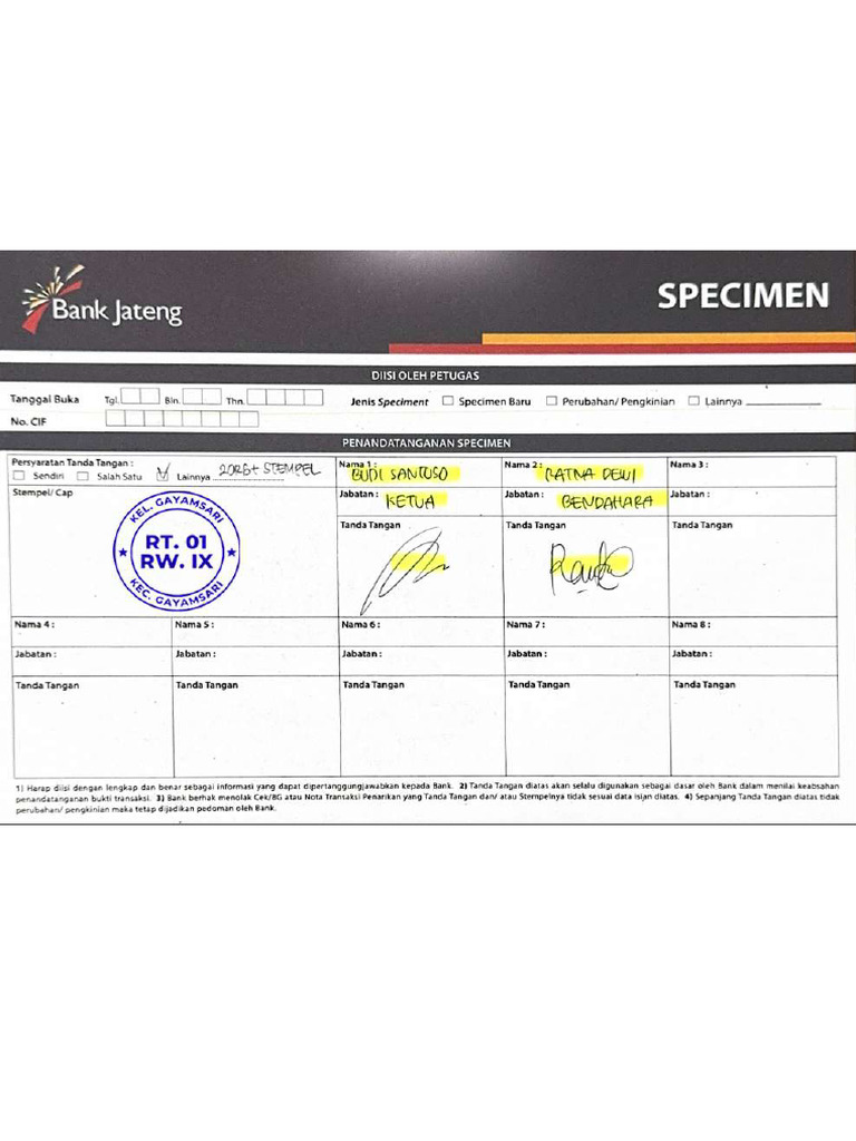 Contoh Form Pembukaan, Specimen, Slip Penarikan & Slip Setoran-1 | PDF