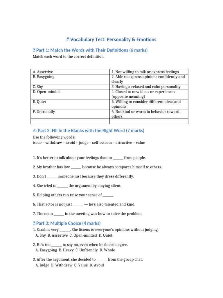Vocabulary Test: Personality Traits & Emotions | PDF